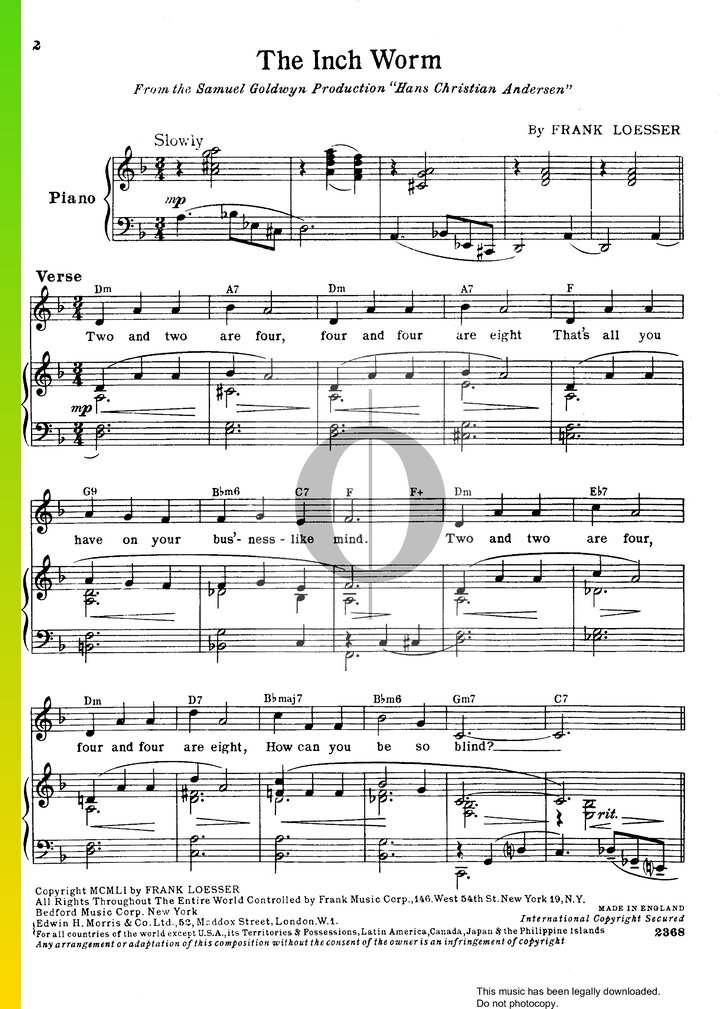 The Inch Worm (Danny Kaye) Piano Sheet Music - OKTAV