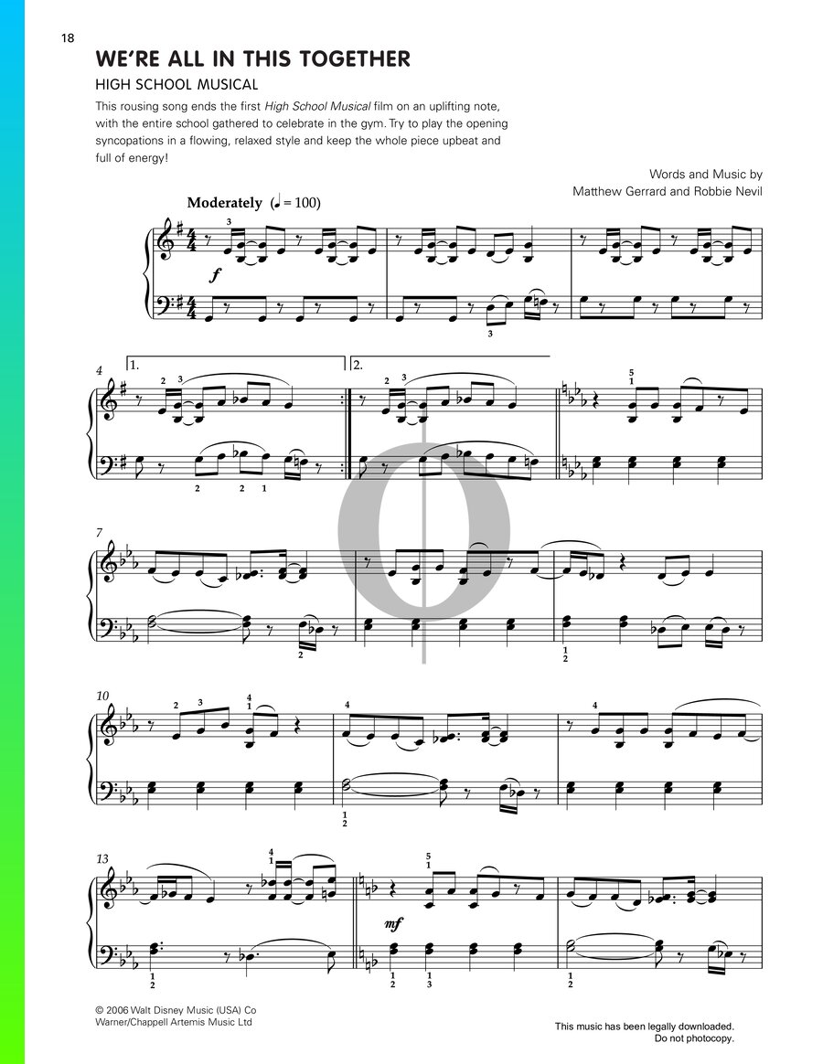 We're All In This Together Piano Sheet Music from High School Musical ...