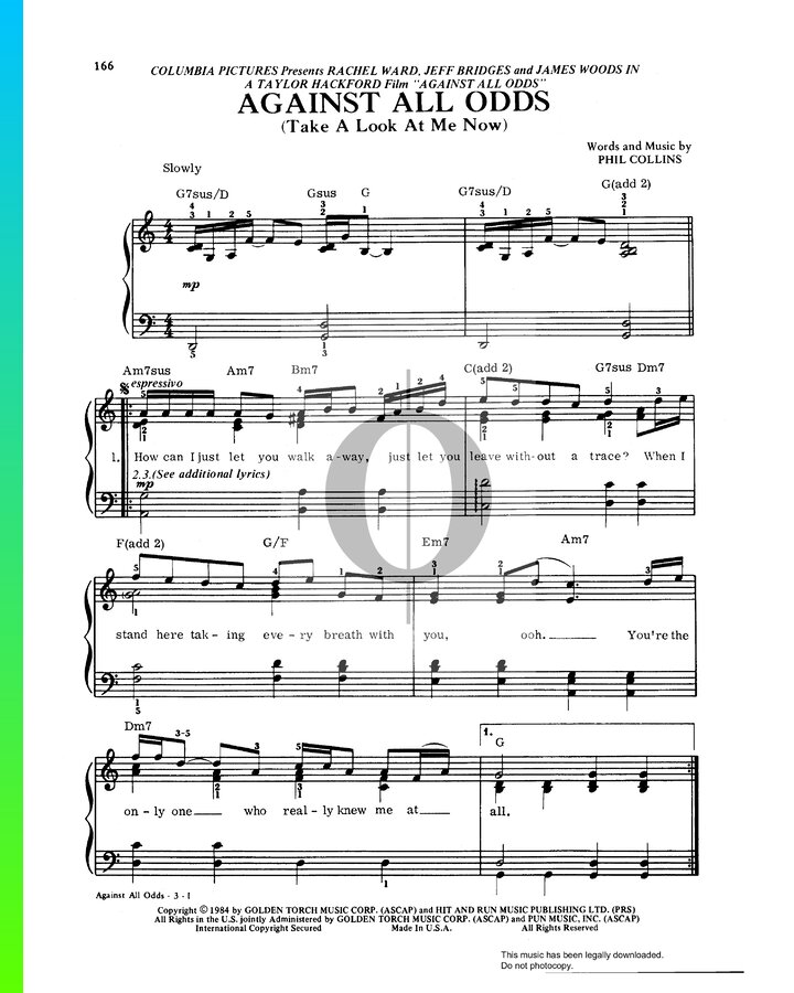 Against All Odds (Take A Look At Me Now) Piano Sheet Music from Against ...