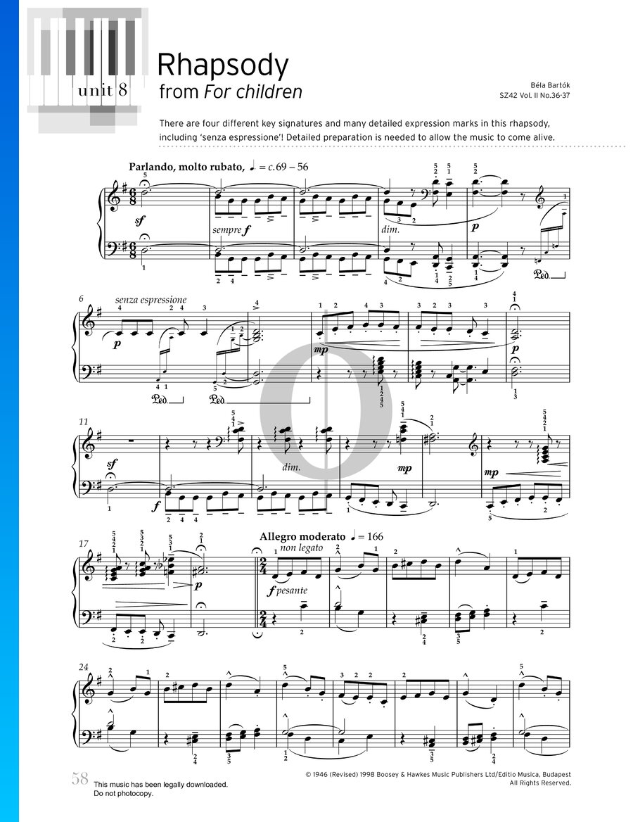 For Children, Sz. 42 Vol 2: No. 36 Rhapsody (Béla Bartók) Piano Sheet ...