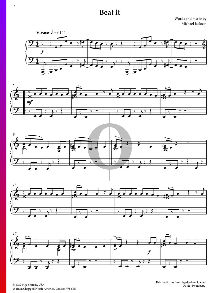 "Beat It" Noten (Piano Solo) von Michael Jackson - Niveau: Ambitioniert ...