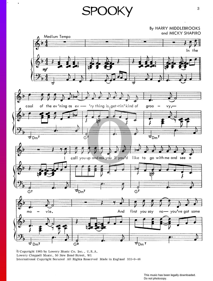 Spooky (Classics IV) Piano Sheet Music - OKTAV