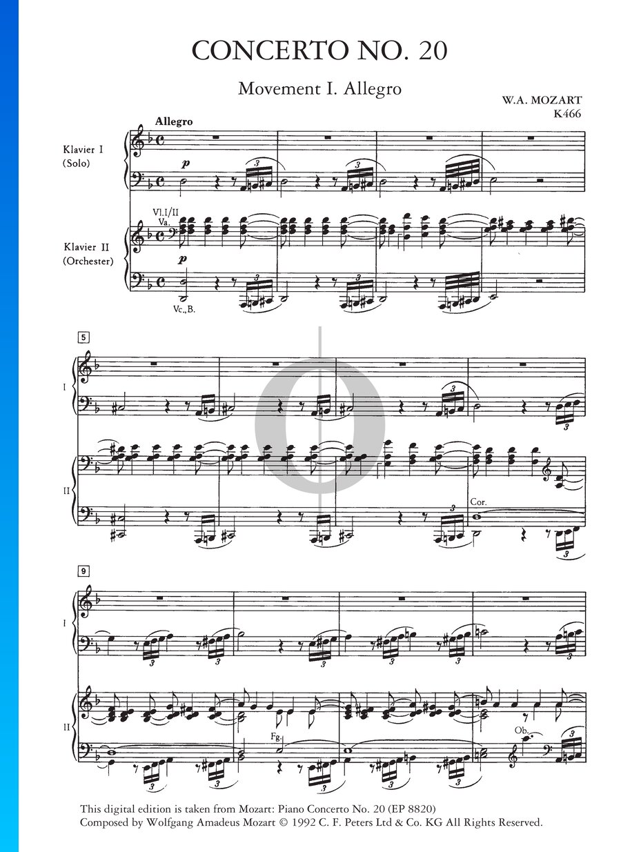Piano Concerto No. 20 in D Minor, K. 466: 1. Allegro (Wolfgang Amadeus Mozart) Piano Sheet Music ...