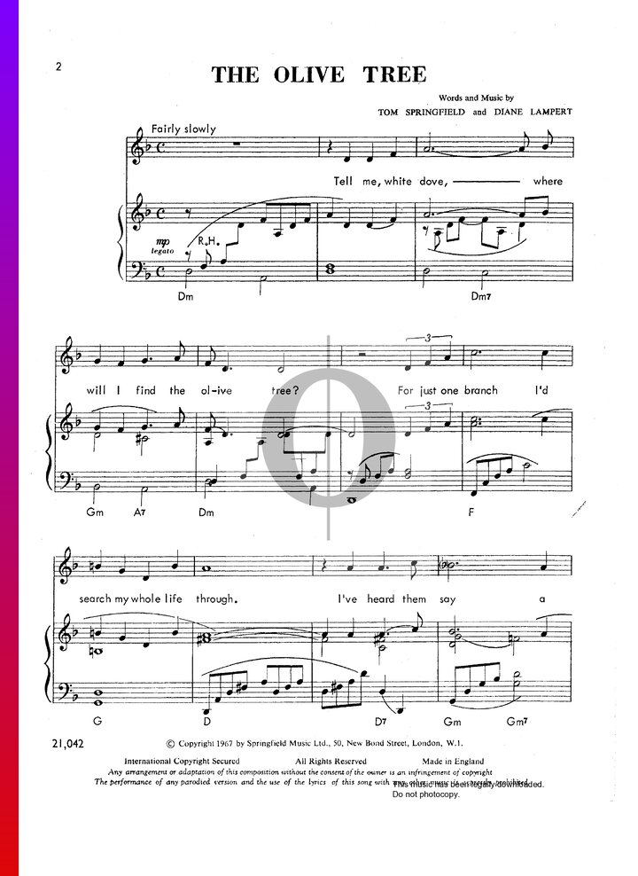 The Olive Tree (The Seekers) Piano Sheet Music - OKTAV