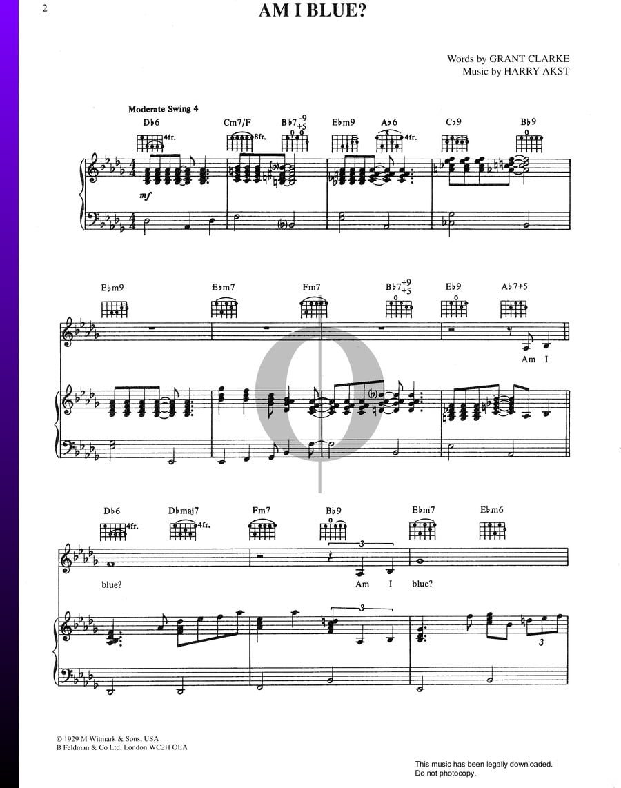Am I Blue di Dinah Washington - Spartiti per pianoforte - OKTAV