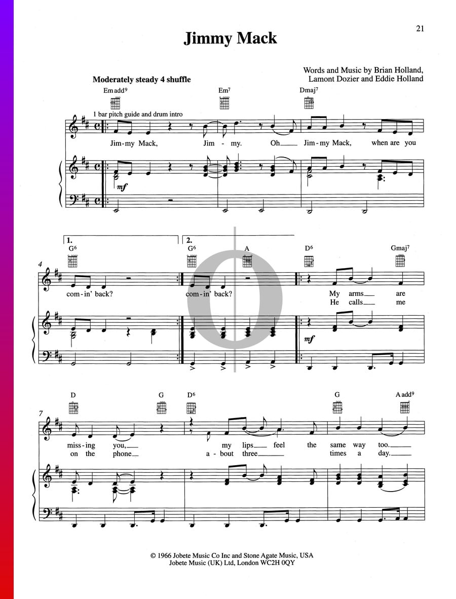 Jimmy Mack (Martha and the Vandellas) Piano Sheet Music - OKTAV