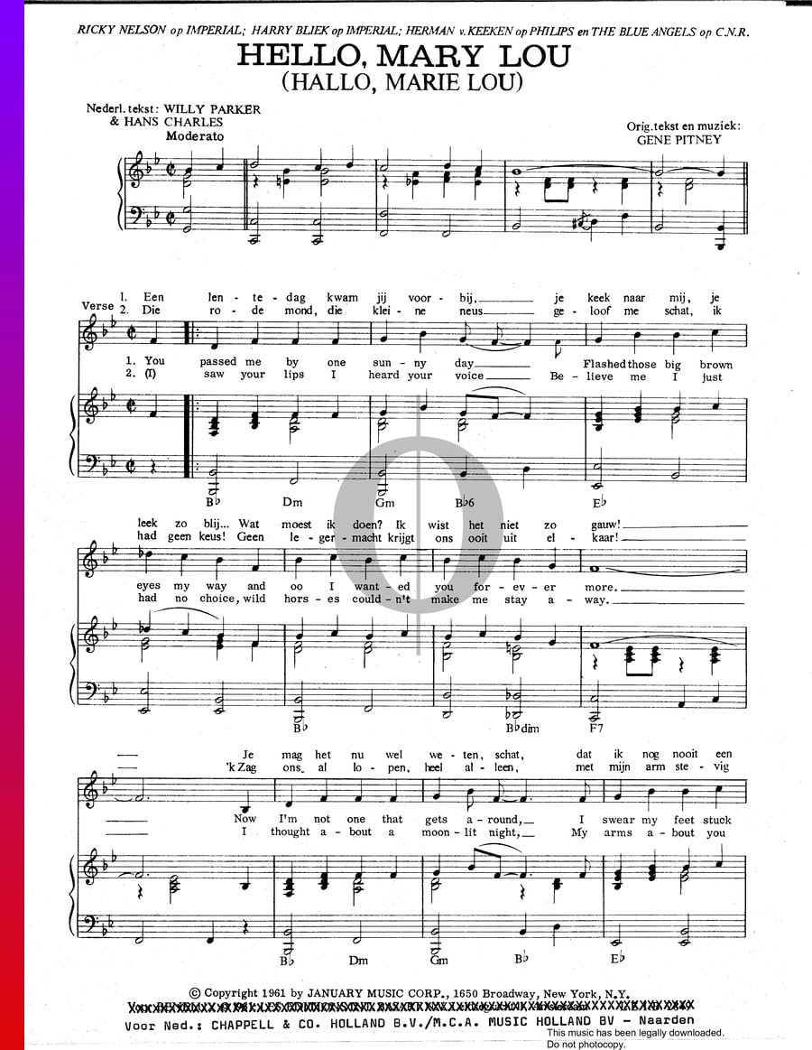 Hello, Mary Lou (Ricky Nelson) Piano Sheet Music - OKTAV