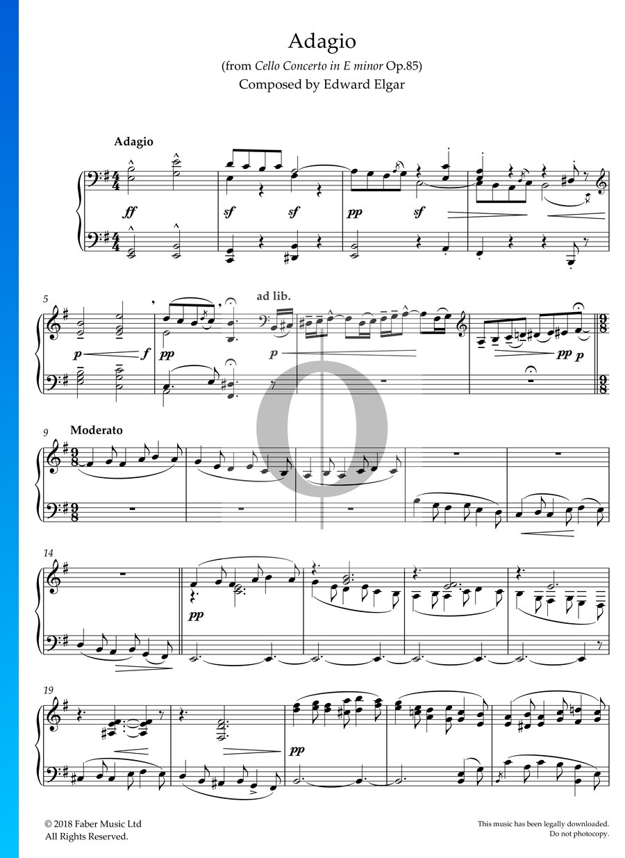 Cello Concerto in E Minor Op. 85: 3. Adagio (Edward Elgar) Piano Sheet ...
