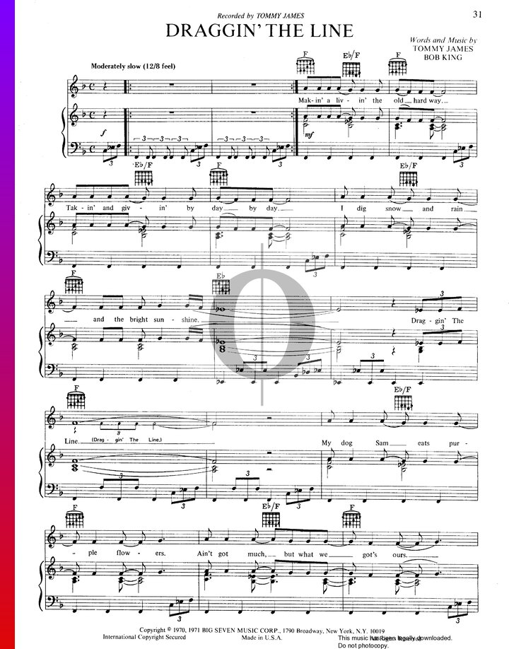 Draggin' The Line di Tommy James - Spartiti per pianoforte - OKTAV