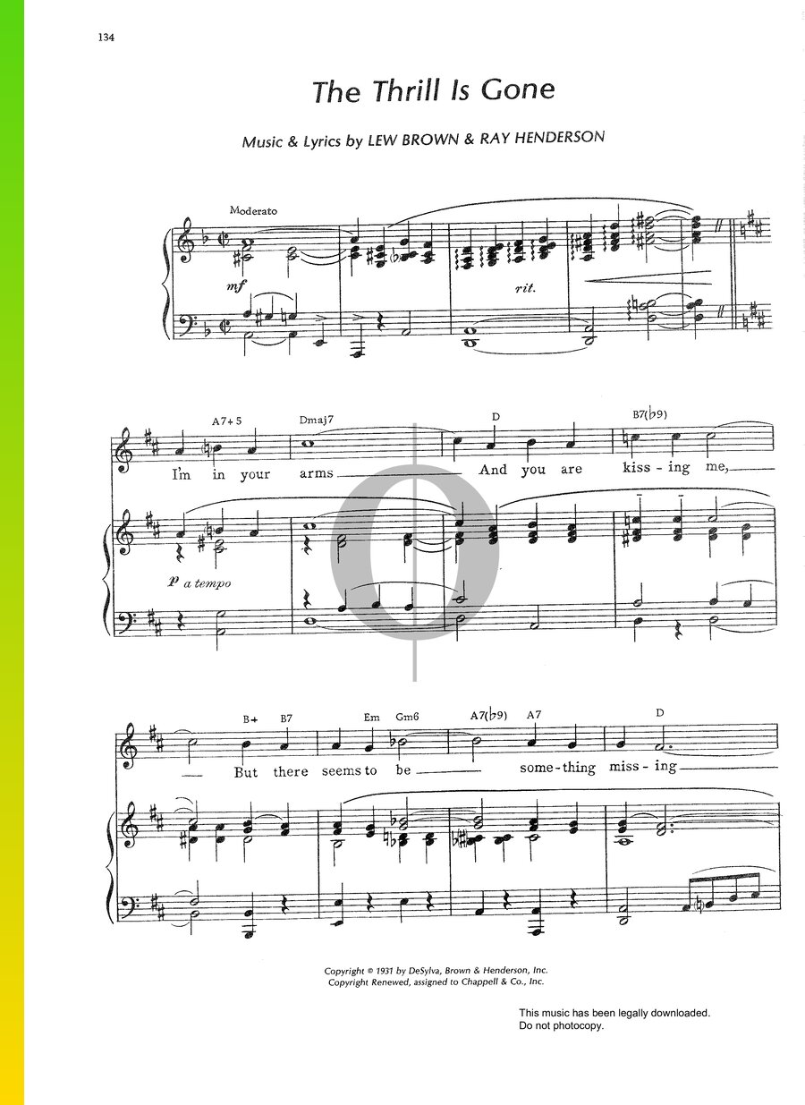 The Thrill Is Gone » Lew Brown, Ray Henderson - Partituras de piano - OKTAV