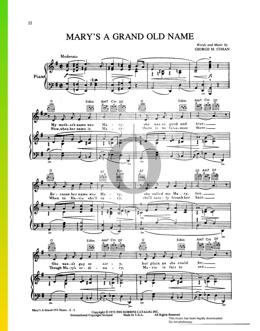 Mary's A Grand Old Name (George M. Cohan) Piano Sheet Music - OKTAV