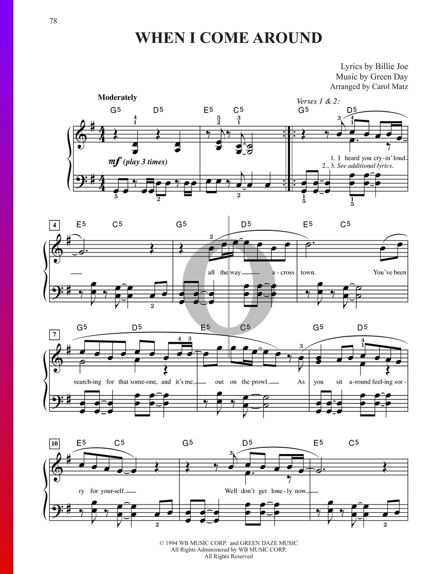 When I Come Around (Green Day) Piano Sheet Music - OKTAV