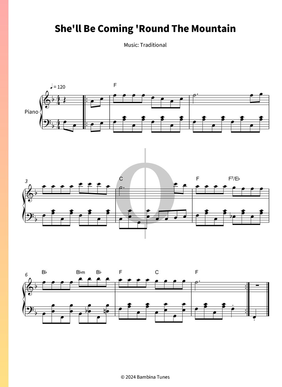 She'll Be Coming 'Round The Mountain (Anonymous) Piano Sheet Music - OKTAV