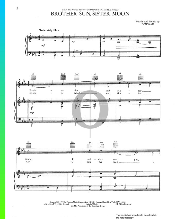 Brother Sun, Sister Moon Sheet Music from Brother Sun, Sister Moon by ...