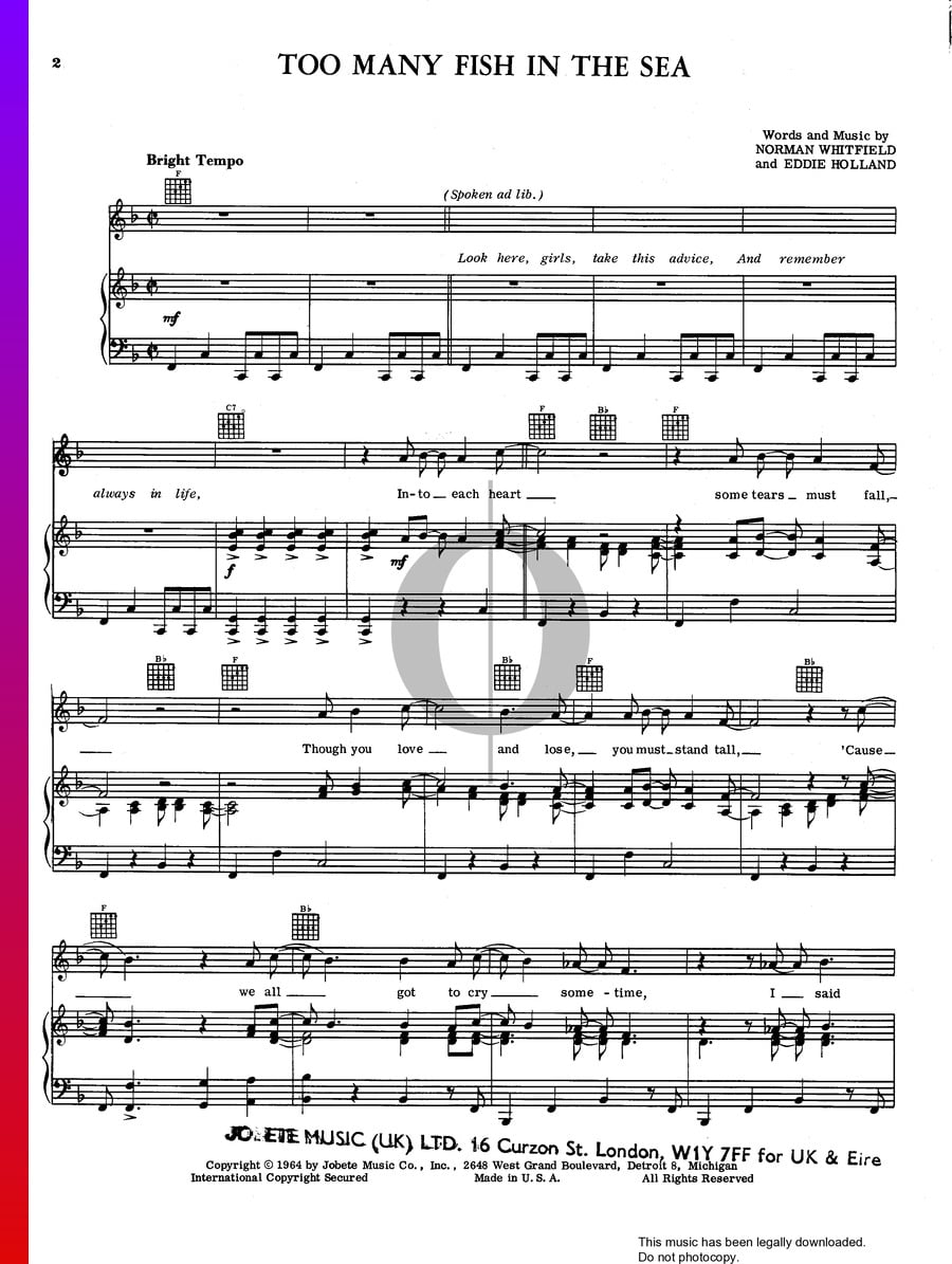 Too Many Fish In The Sea (The Marvelettes) Piano Sheet Music - OKTAV