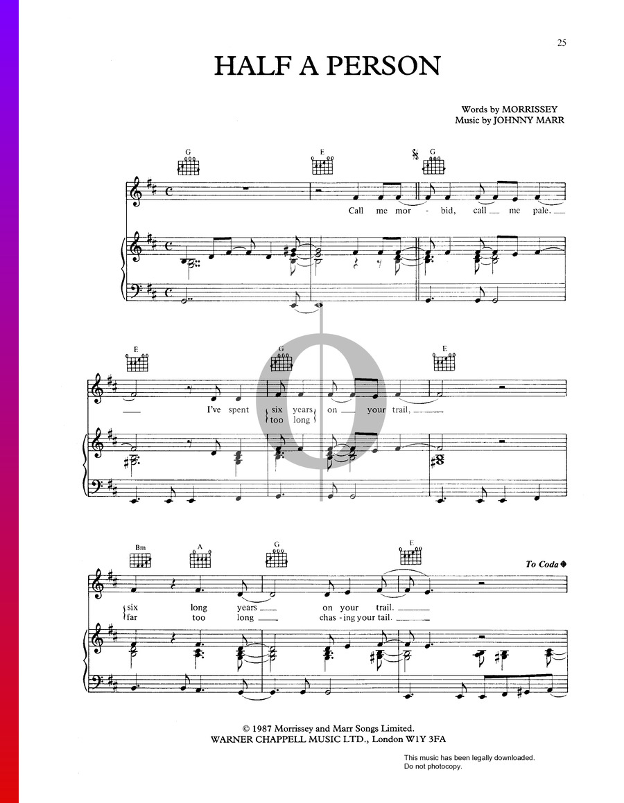 Half A Person (The Smiths) Piano Sheet Music - OKTAV
