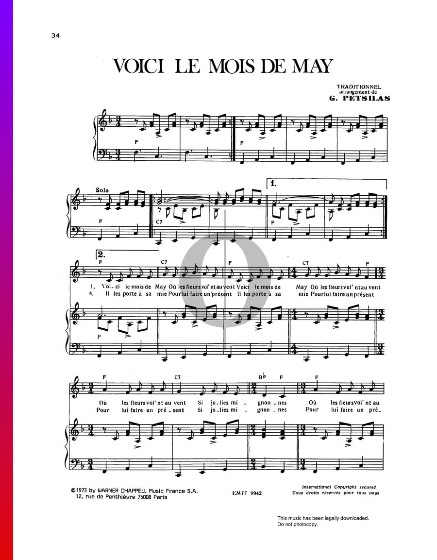 Voici Le Mois De May (Nana Mouskouri) Piano Sheet Music - OKTAV