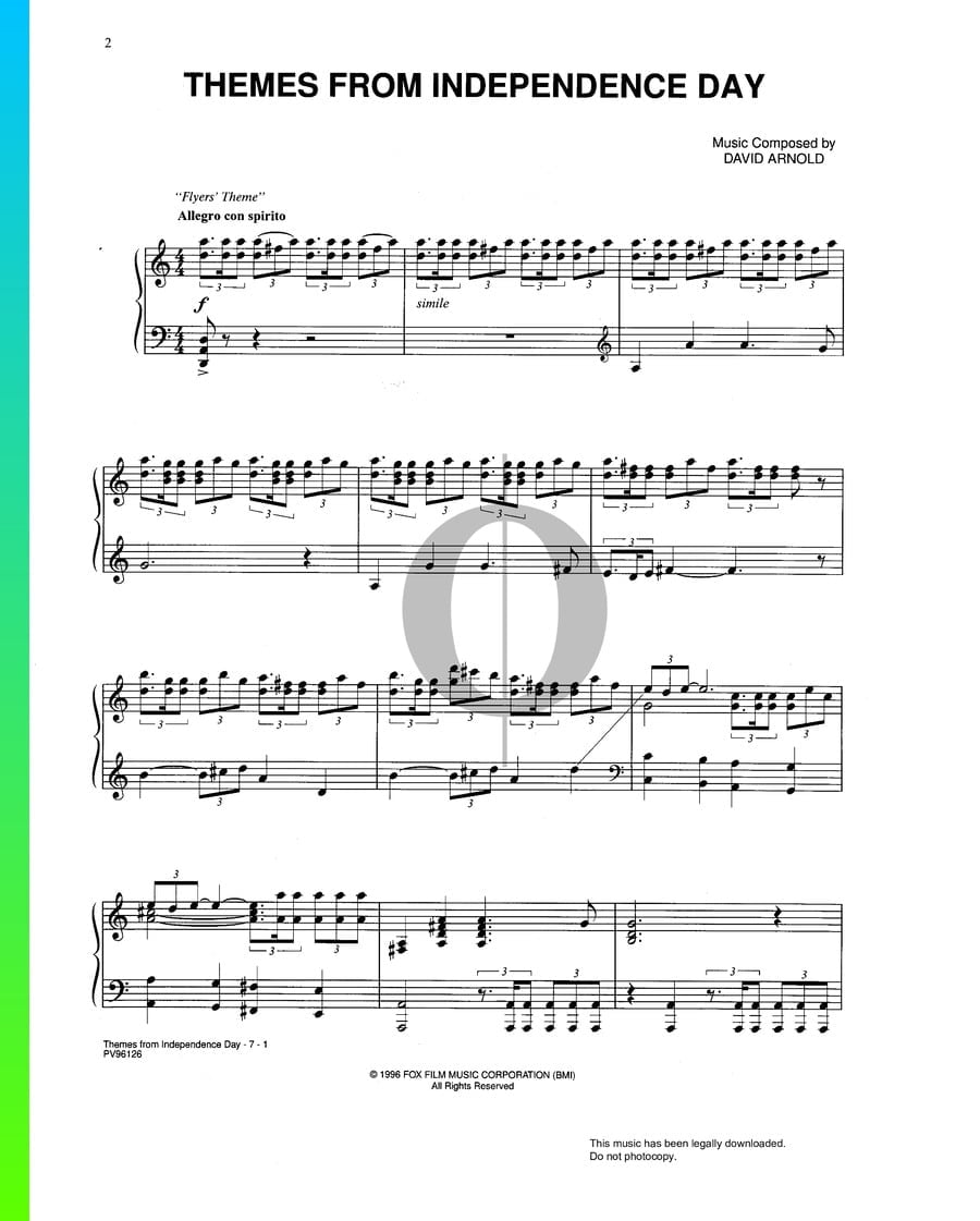 Independence Day Themes Piano Sheet Music from Independence Day by ...