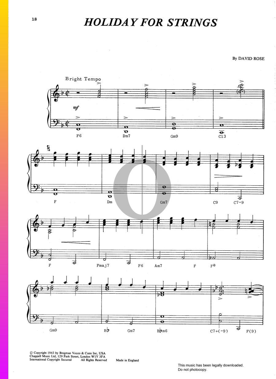 Holiday For Strings (David Rose) Piano Sheet Music - OKTAV