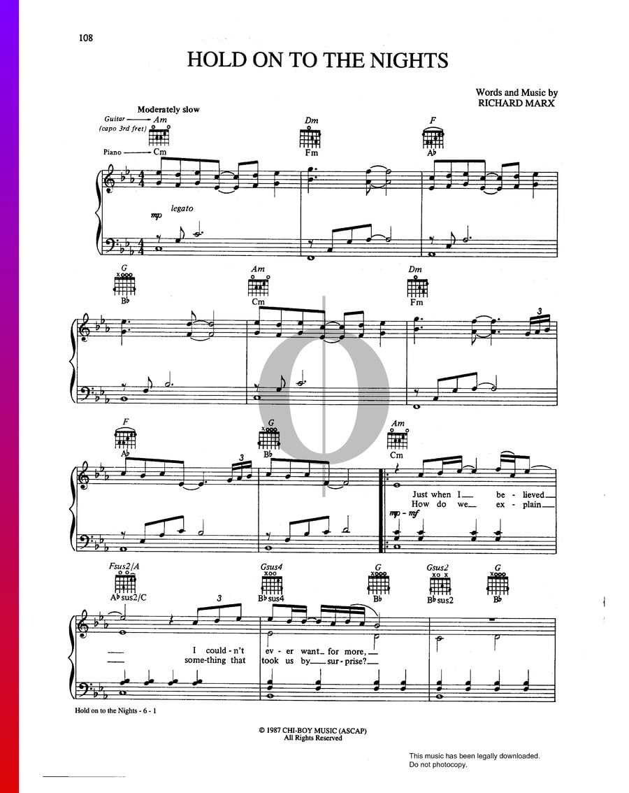 Hold On To The Nights (Richard Marx) Piano Sheet Music - OKTAV