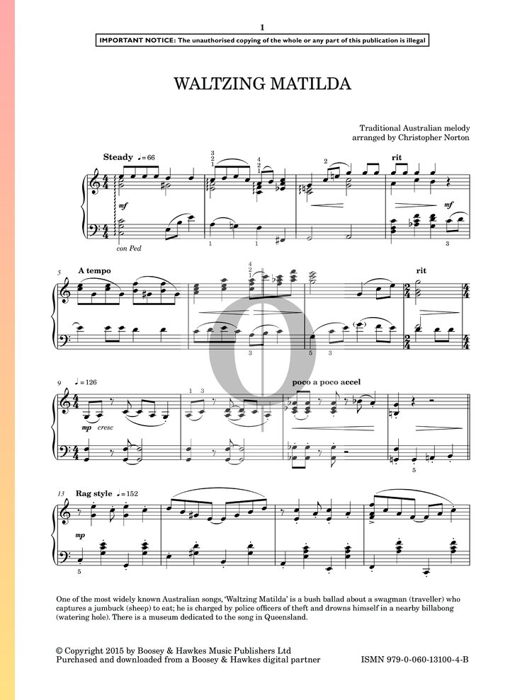 Waltzing Matilda (Banjo Paterson) Piano Sheet Music - OKTAV
