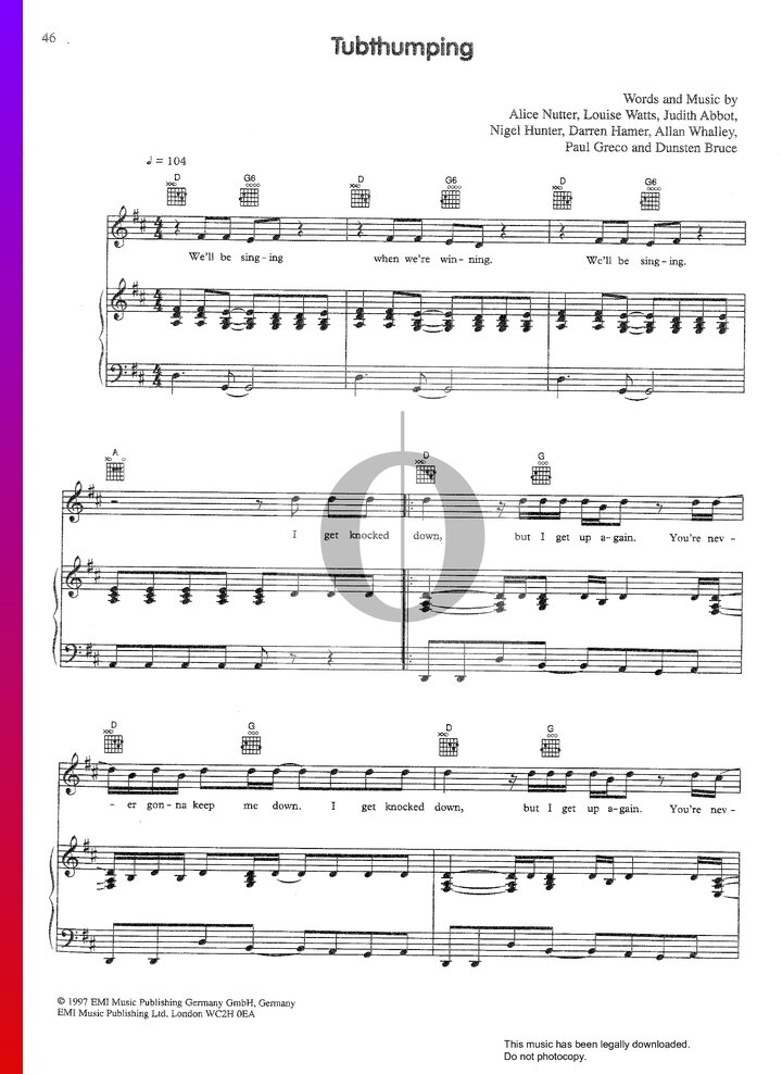 Tubthumping (Chumbawamba) Piano Sheet Music - OKTAV
