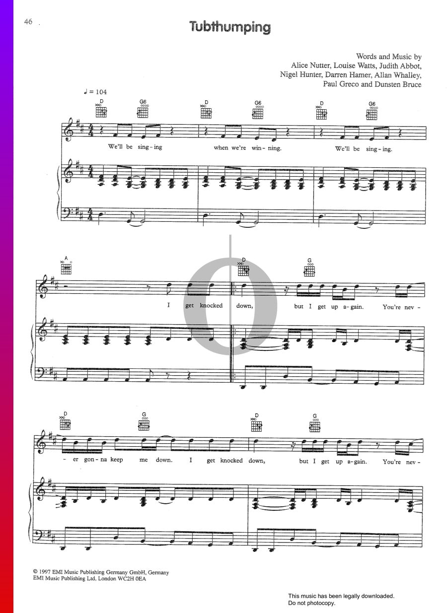 Tubthumping (Chumbawamba) Piano Sheet Music - OKTAV