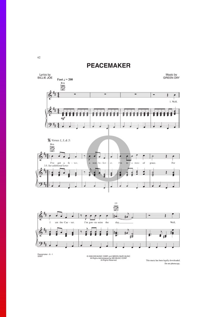 Peacemaker (Green Day) Piano Sheet Music - OKTAV