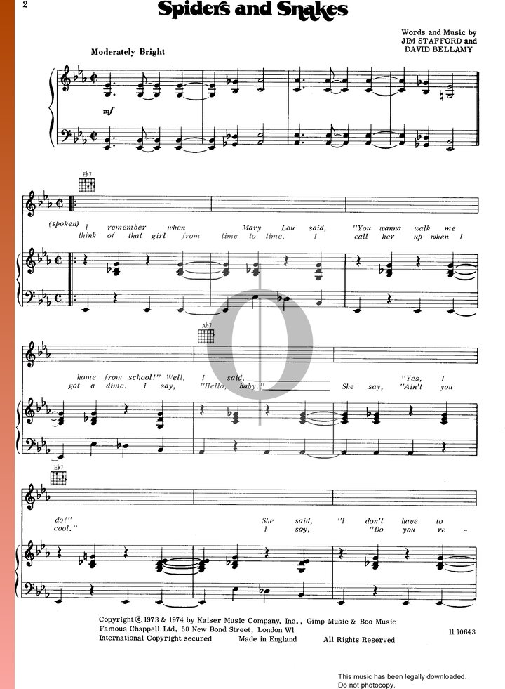 Spiders And Snakes (Jim Stafford) Piano Sheet Music - OKTAV