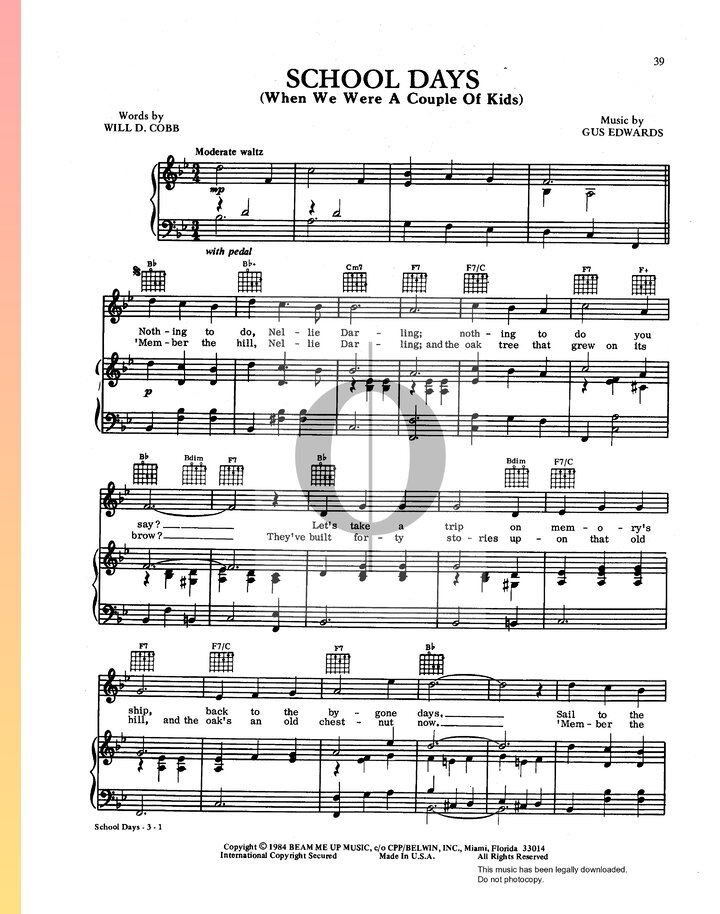 School Days (When We Were A Couple Of Kids) (Byron G. Harlan) Piano ...