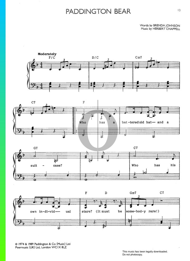 Paddington Bear Piano Sheet Music from Paddington by Herbert Chappell ...