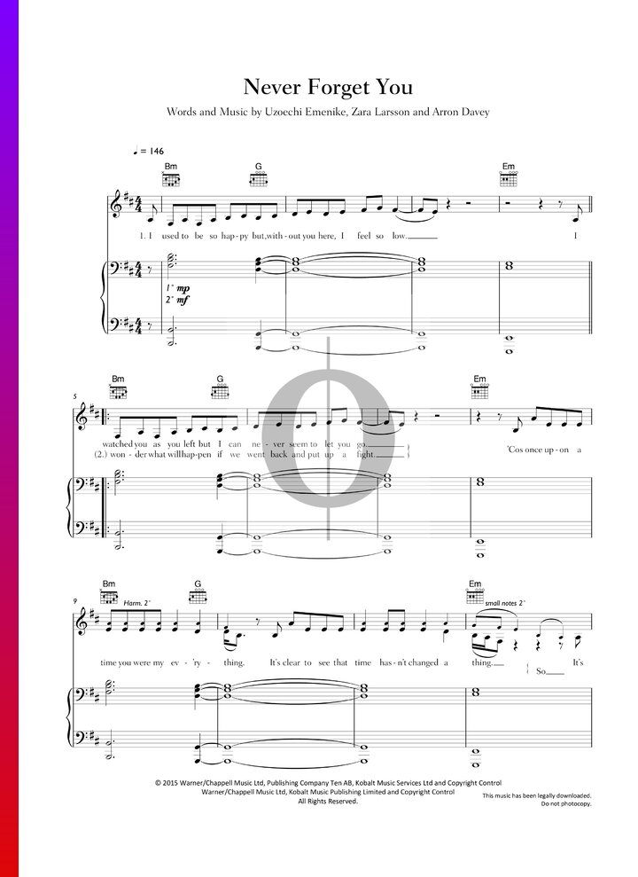 Never Forget You (Zara Larsson, MNEK) Piano Sheet Music - OKTAV