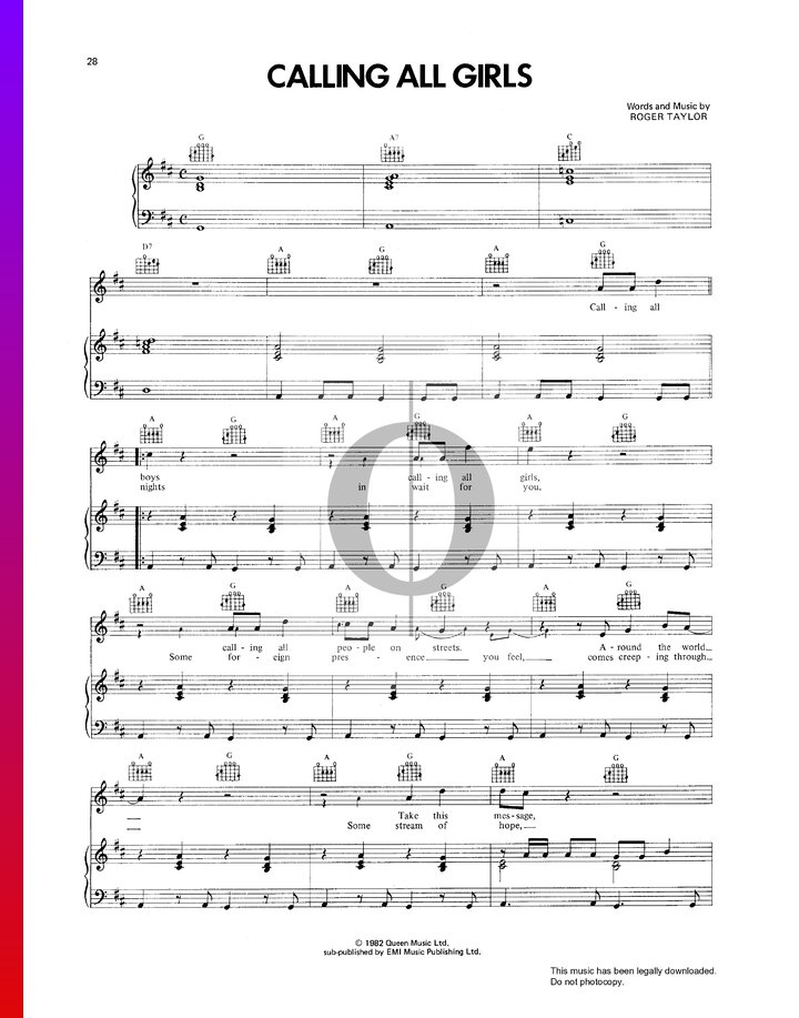Calling All Girls (Queen) Piano Sheet Music - OKTAV