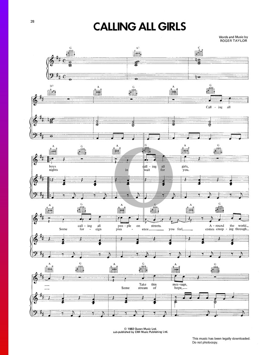 Calling All Girls (Queen) Piano Sheet Music - OKTAV