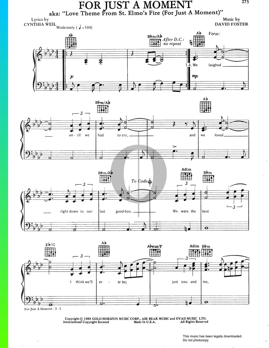 For Just A Moment Piano Sheet Music from St. Elmo's Fire by David ...