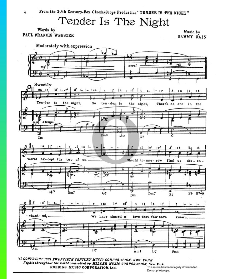 Tender Is The Night Piano Sheet Music from Tender Is The Night by Sammy Fain - OKTAV