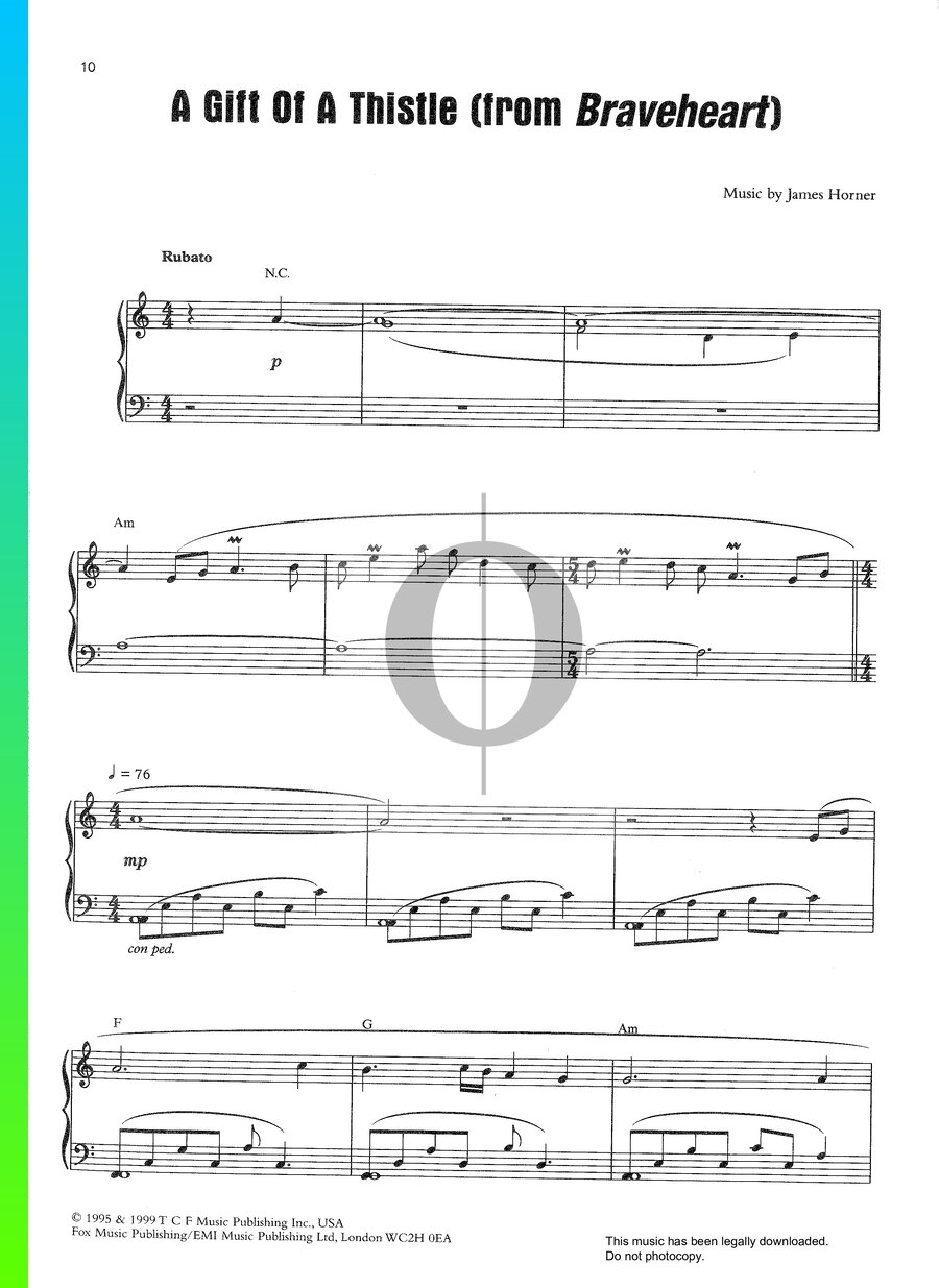A Gift Of A Thistle Piano Sheet Music from Braveheart by James Horner ...