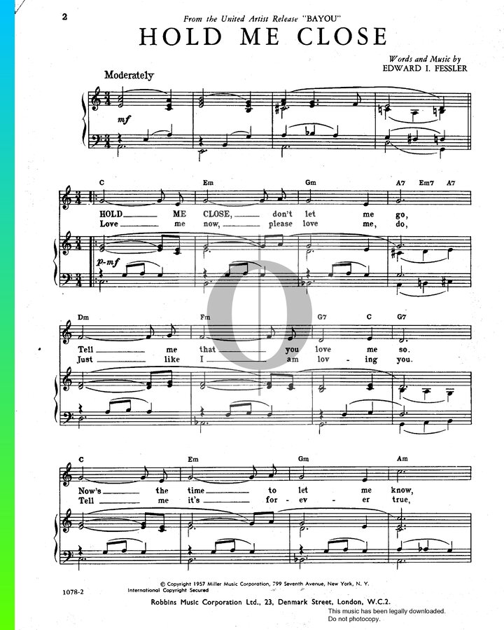 Hold Me Close Piano Sheet Music from Bayou by Edward I. Fessler - OKTAV