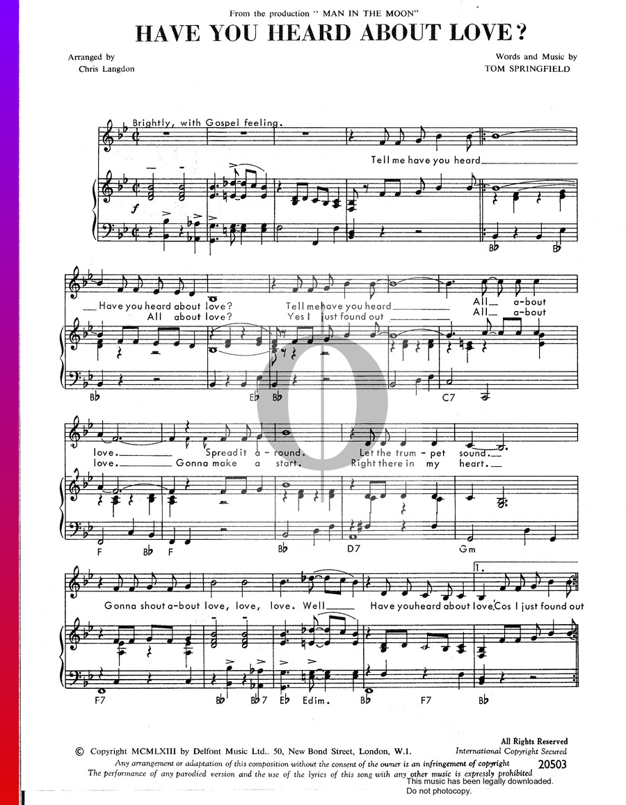 Have You Heard About Love (Tom Springfield) Piano Sheet Music - OKTAV