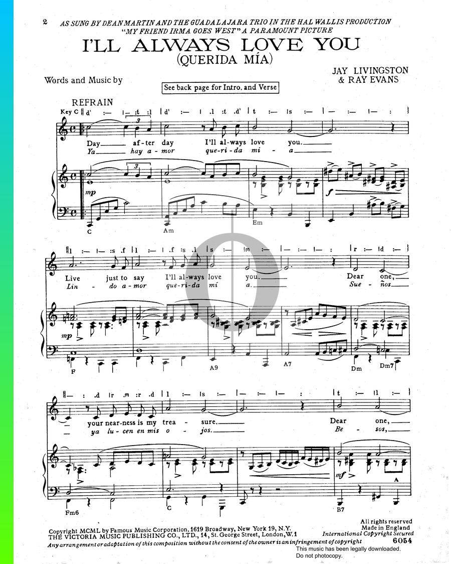 I'll Always Love You (Querida Mía) Piano Sheet Music from My Friend ...