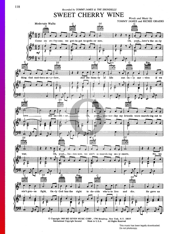 Sweet Cherry Wine (Tommy James and the Shondells) Piano Sheet Music - OKTAV