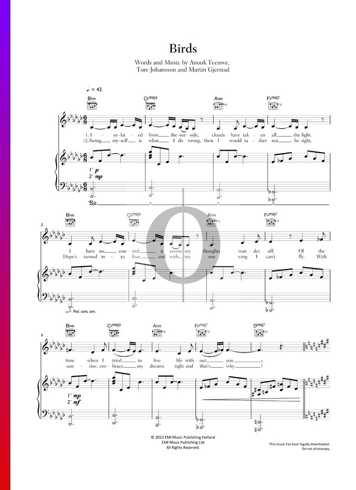 Birds (Anouk) Piano Sheet Music - OKTAV