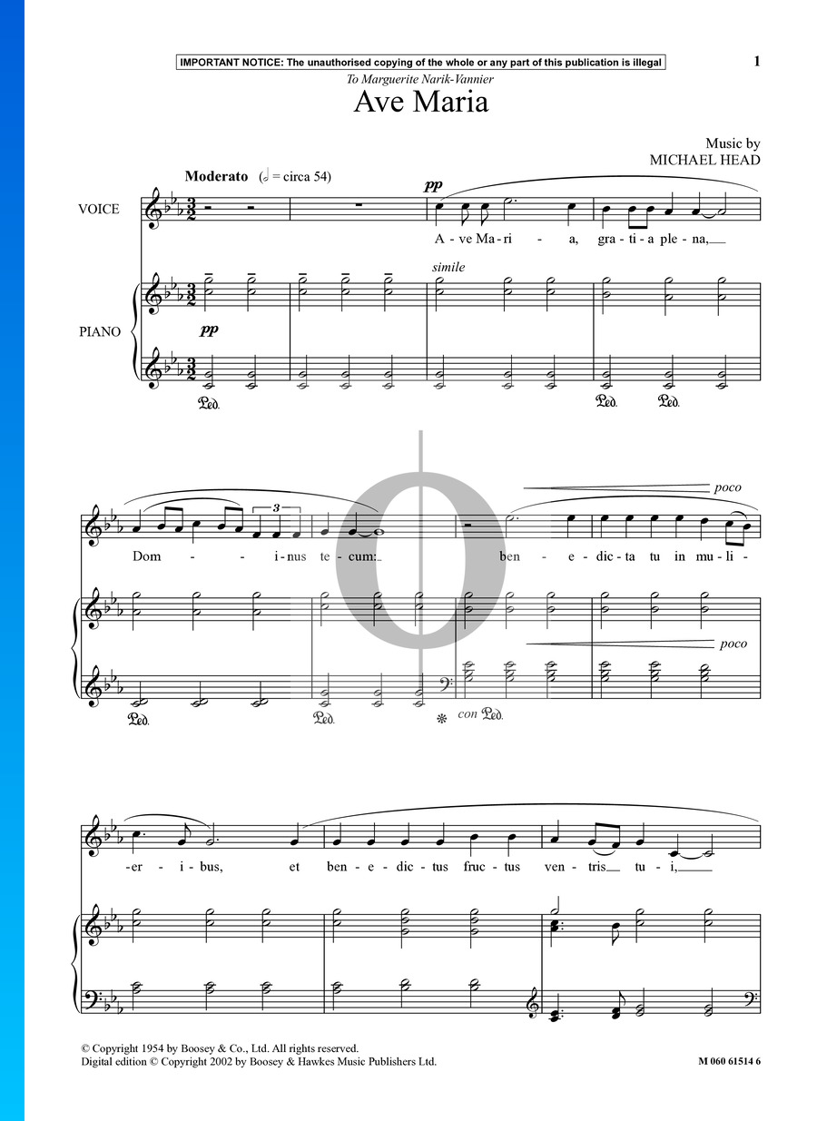 Ave Maria door Michael Head | piano bladmuziek (Piano, Stem) - OKTAV