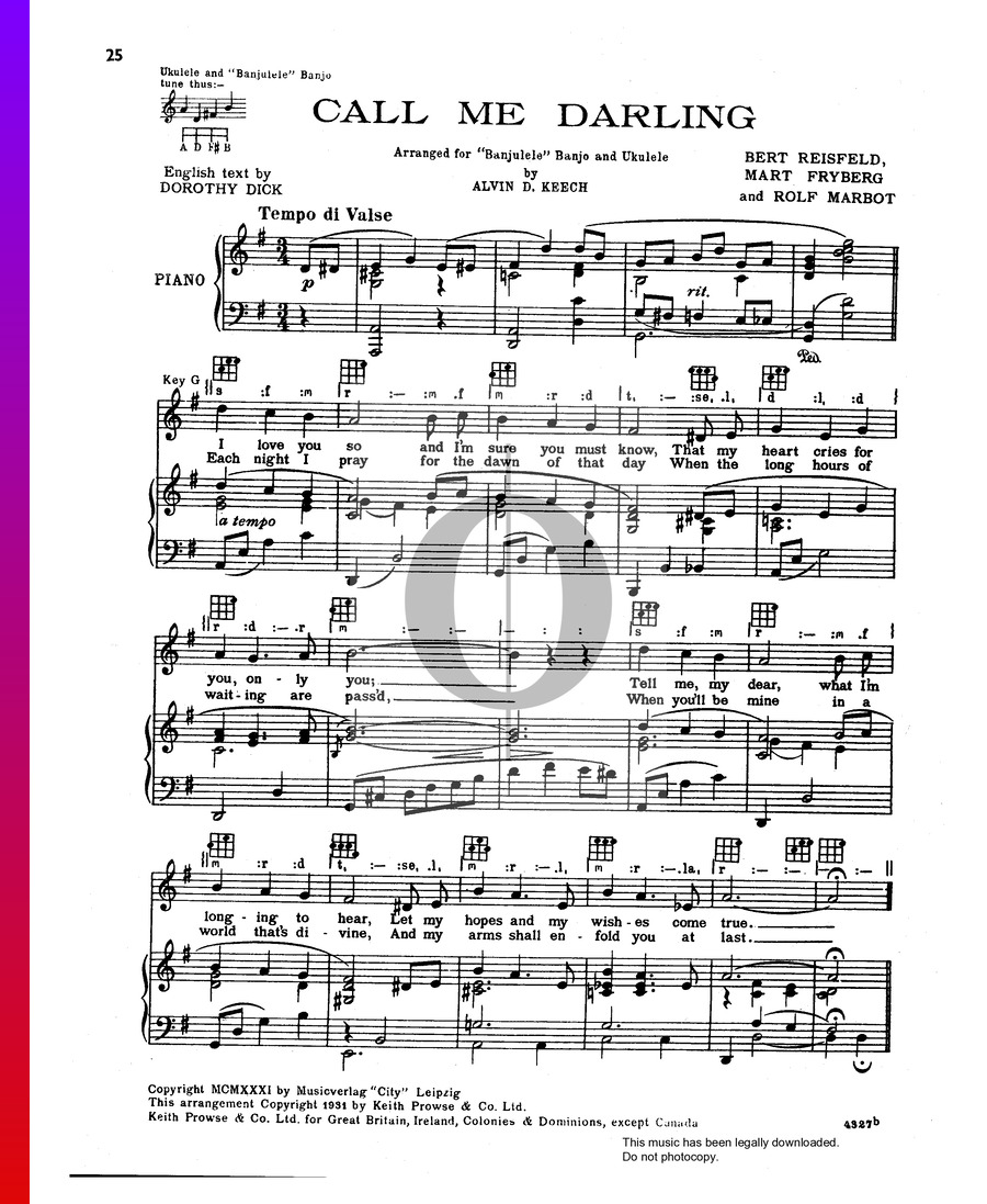 Call Me Darling (The Cavaliers) Piano Sheet Music - OKTAV