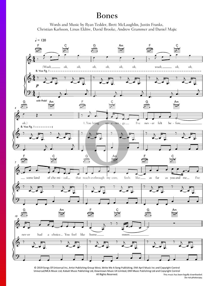 Bones (OneRepublic, Galantis) Piano Sheet Music - OKTAV