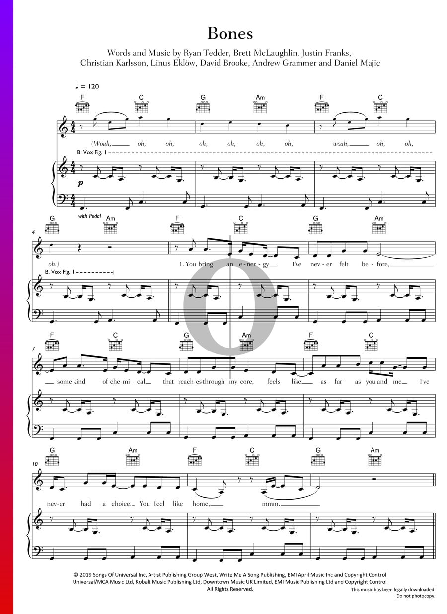 Bones (OneRepublic, Galantis) Piano Sheet Music - OKTAV