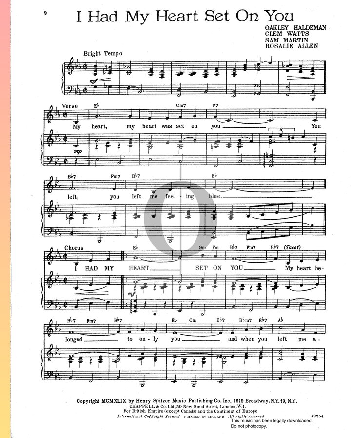 I Had My Heart Set On You (Rosalie Allen) Piano Sheet Music - OKTAV