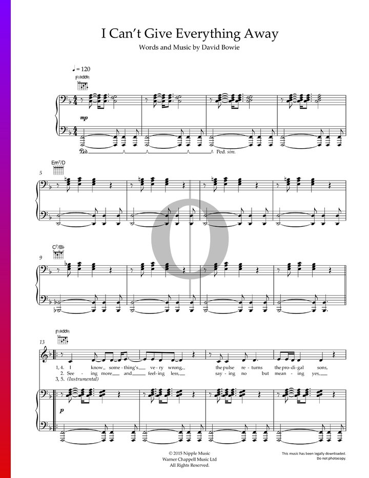 I Can't Give Everything Away (David Bowie) Piano Sheet Music - OKTAV