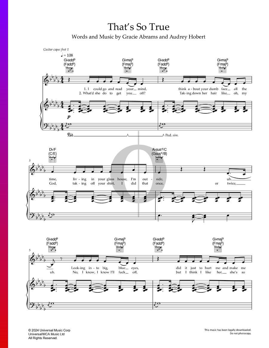 That's So True » Gracie Abrams - Partituras de piano - OKTAV