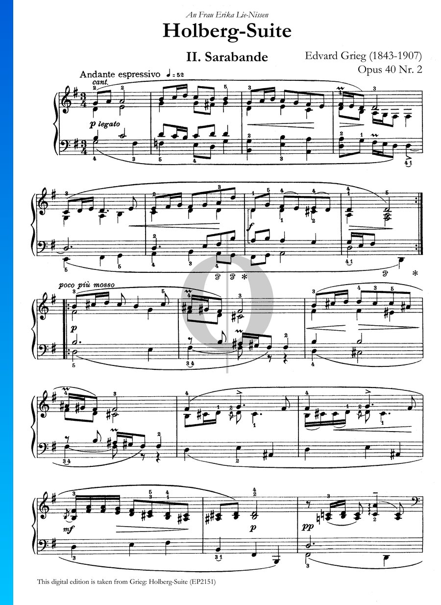 Holberg Suite, Op. 40: Sarabande (Edvard Grieg) Piano Sheet Music - OKTAV